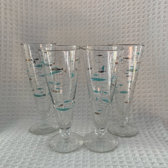 Libbey | Dining | Vintage Mcm Libbey Aqua Atomic Fish Pilsner Glasses ...